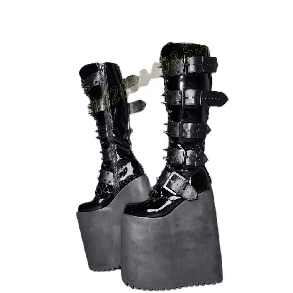 Cool-Style-Rivets-Decor-Buckle-Belts-Knee-High-Boots-Thick-Soled-Wedges ...