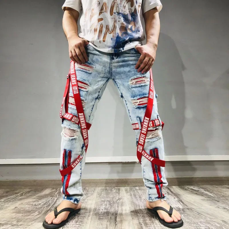 Vibe-Style-Patch-Straps-Hole-Ripped-Punk-Men-Slim-Jeans-Trousers-Zipper ...
