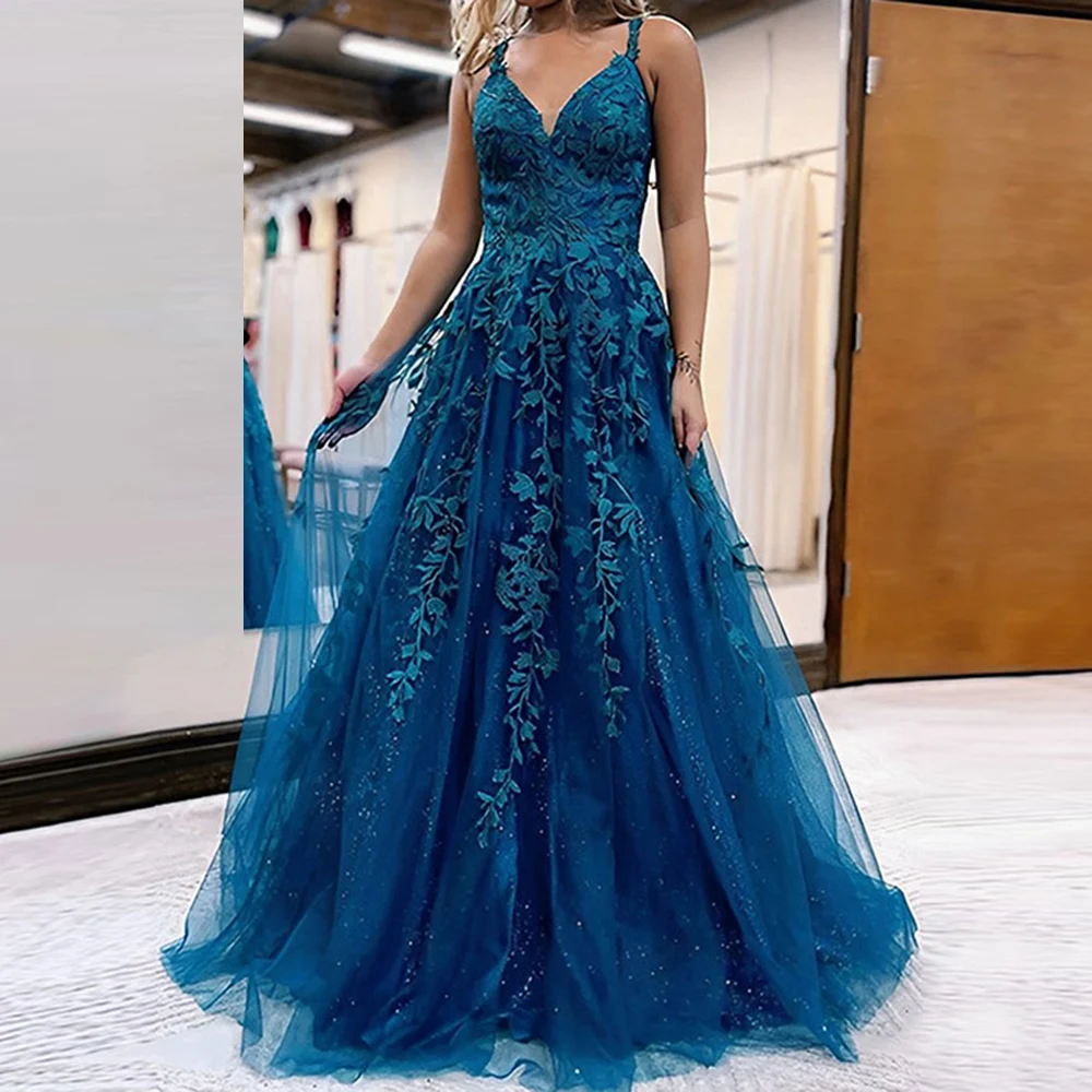 Fashion Spaghetti Strap Tulle Long Dresses Evening Party Custom Woman ...
