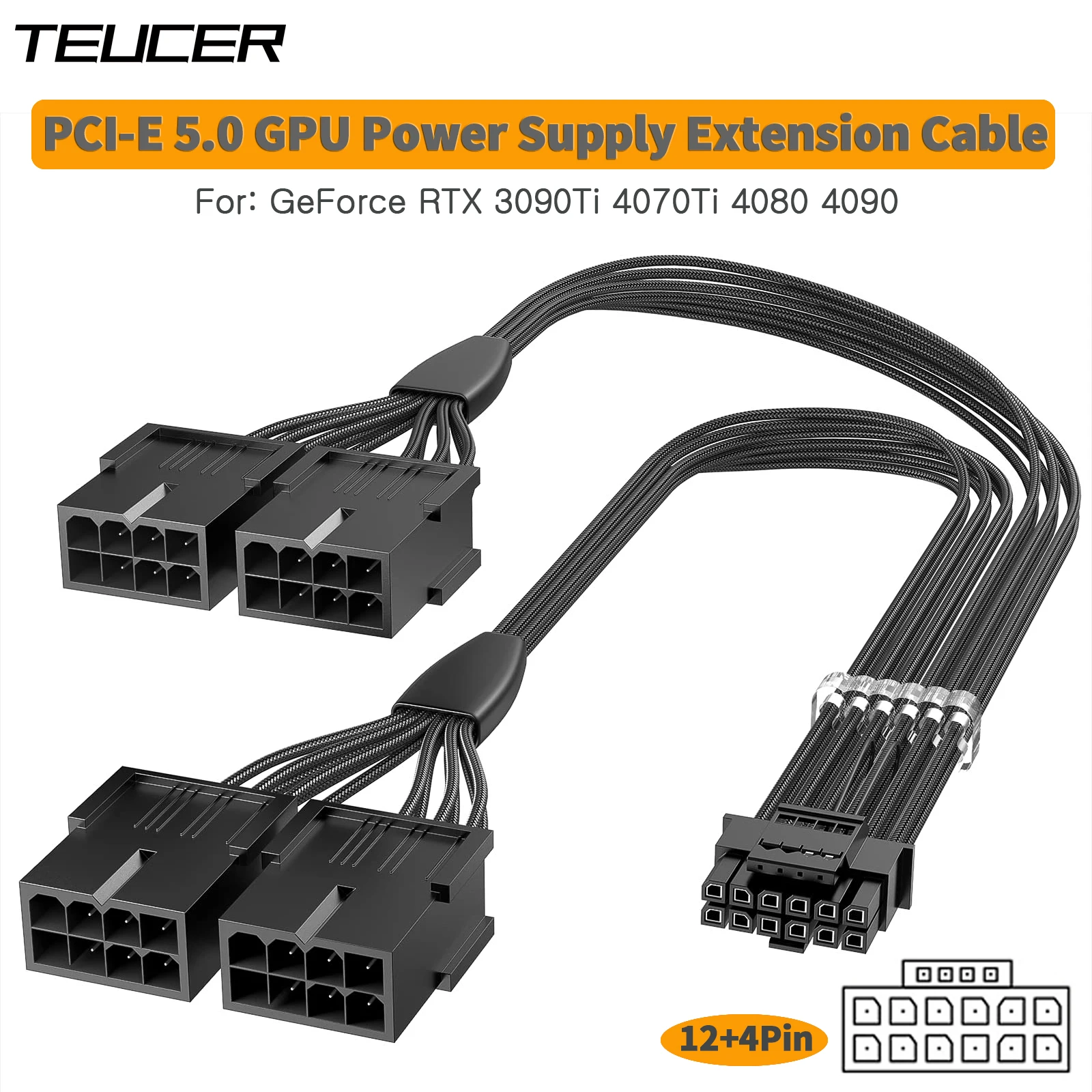 TEUCER 340mm PCI-e 5.0 16Pin(12+4) Male to 4x8Pin Female Sleeved ...