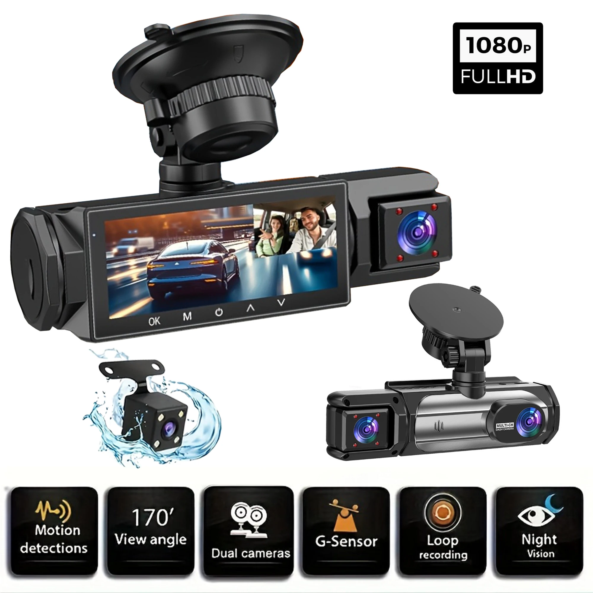3 Cameraes Dash Cam 1080P Front and rear view camera Night Vision ...