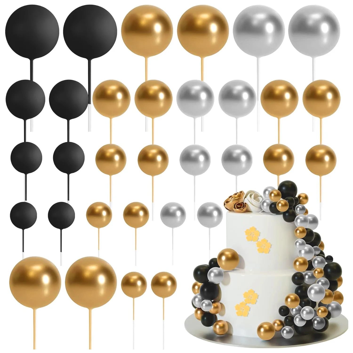 32Pcs-Black-Gold-Silver-Ball-Cake-Topper-Decorations-Mini-Balloons ...
