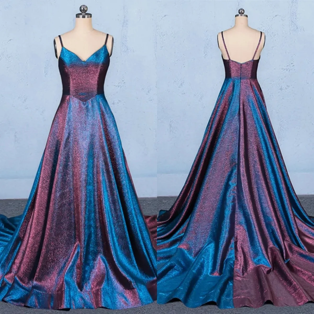 Evening-Dress-Shiny-Navy-Blue-Spagetti-Strips-Zipper-Back-A-line-Trail ...