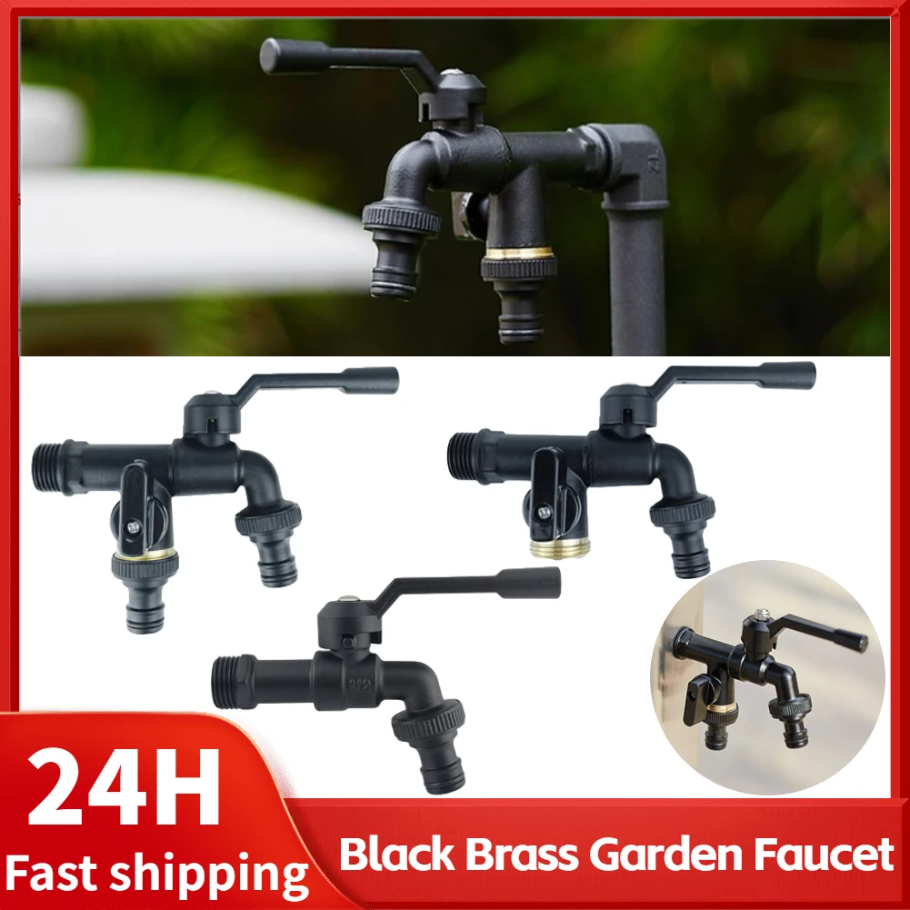 Black-Brass-Garden-Hose-Faucet-Outdoor-Anti-Freeze-Bibcocks-Dual-Outlet ...