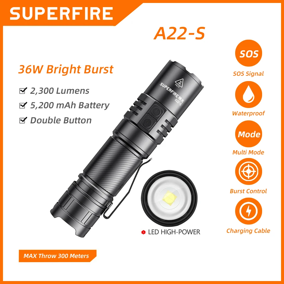 SUPERFIRE-A22-S-Rechargeable-Torch-36W-Tactical-Flashlights-Zoomable-LED-2300lm-Power-Indicator ...
