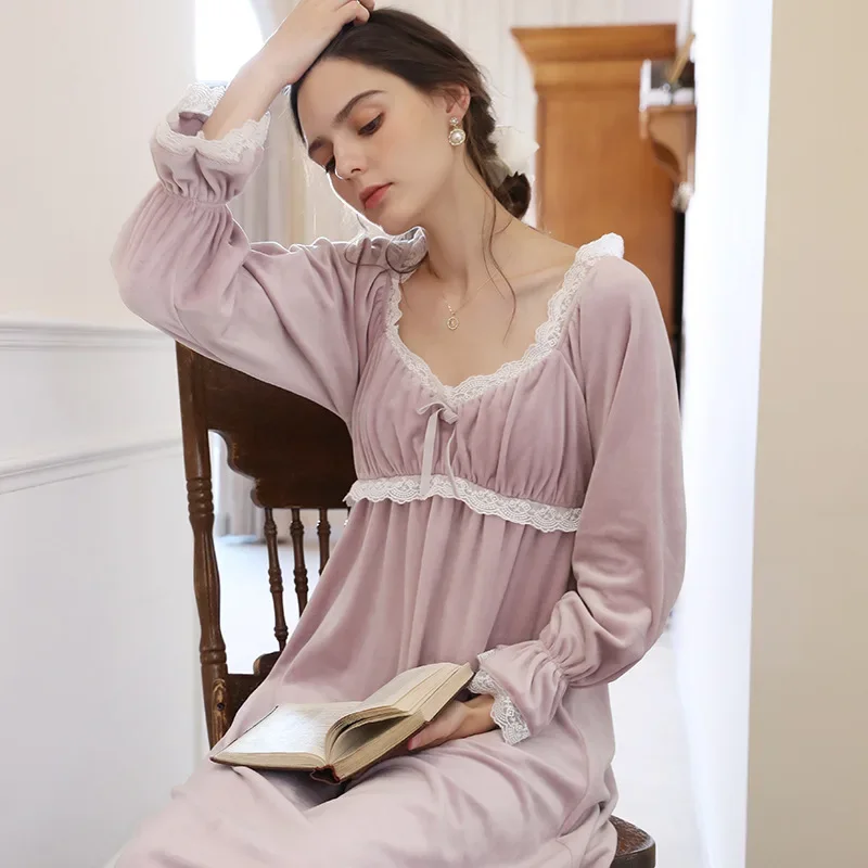 Women-Winter-Warm-Velvet-Nightdress-Sexy-Lace-V-Neck-Long-Nightgown ...