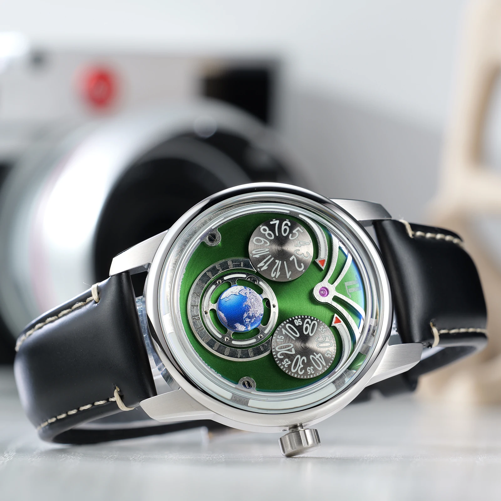 OBLVLO Fashion Eagle 3 Eyes Automatic Watch for Men Green Dial Blue ...