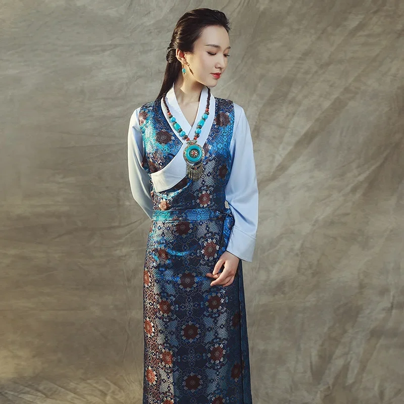 Tibetan Dress Elegant Women Dresses Oblique Collar Ethnic Style ...