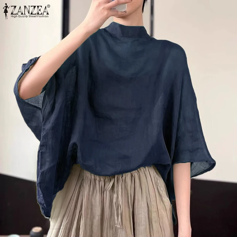 ZANZEA Women Bat Sleeve Blouse 2025 Summer Asymmetrical Tops Thin Stand ...
