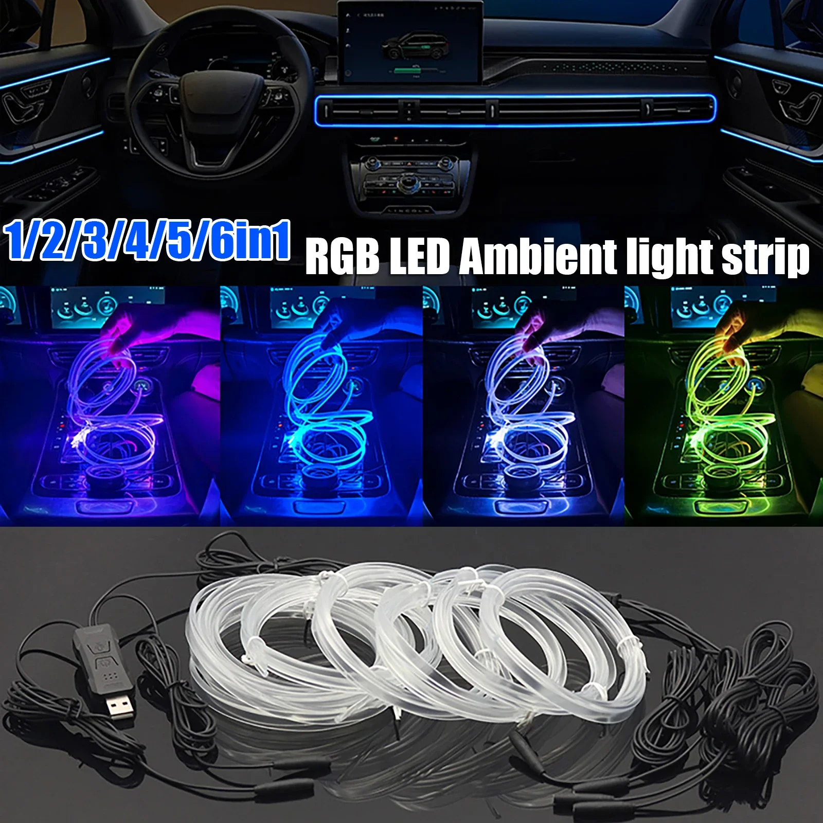 Car-RGB-Ambient-LED-Light-Strip-USB-Fiber-Optic-Atmosphere-Neon ...