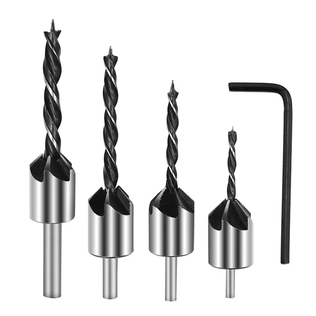 4pcs Carpentry Drill+1pc Wrech 3mm-6mm HSS Flute Countersink Drill Bits ...