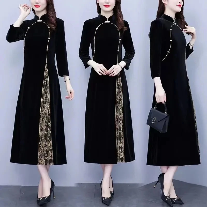 2024-Spring-Autumn-New-Golden-Velvet-Dress-Women-Large-Size-Lmproved ...