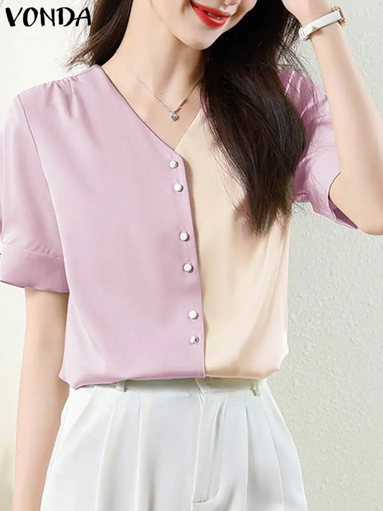 Elegant-Women-Summer-Blouse-Shirts-2024-VONDA-Short-Sleeve-V-Neck-Tunic ...