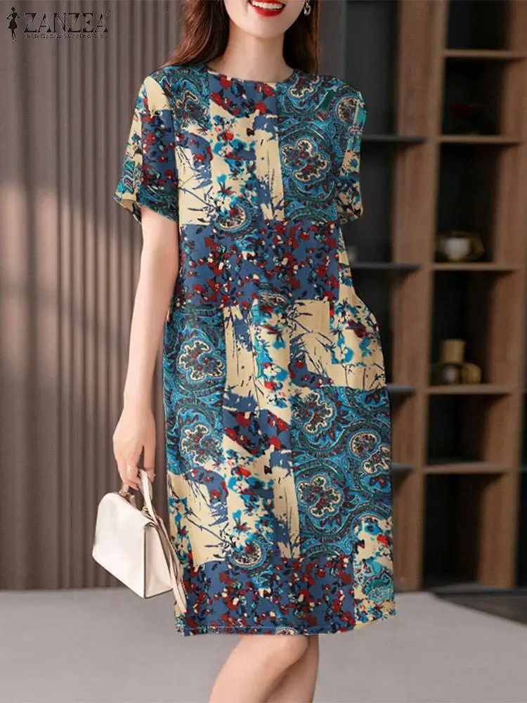ZANZEA-Short-Sleeve-Vintage-Printed-Knee-length-Dress-Women-O-Neck ...