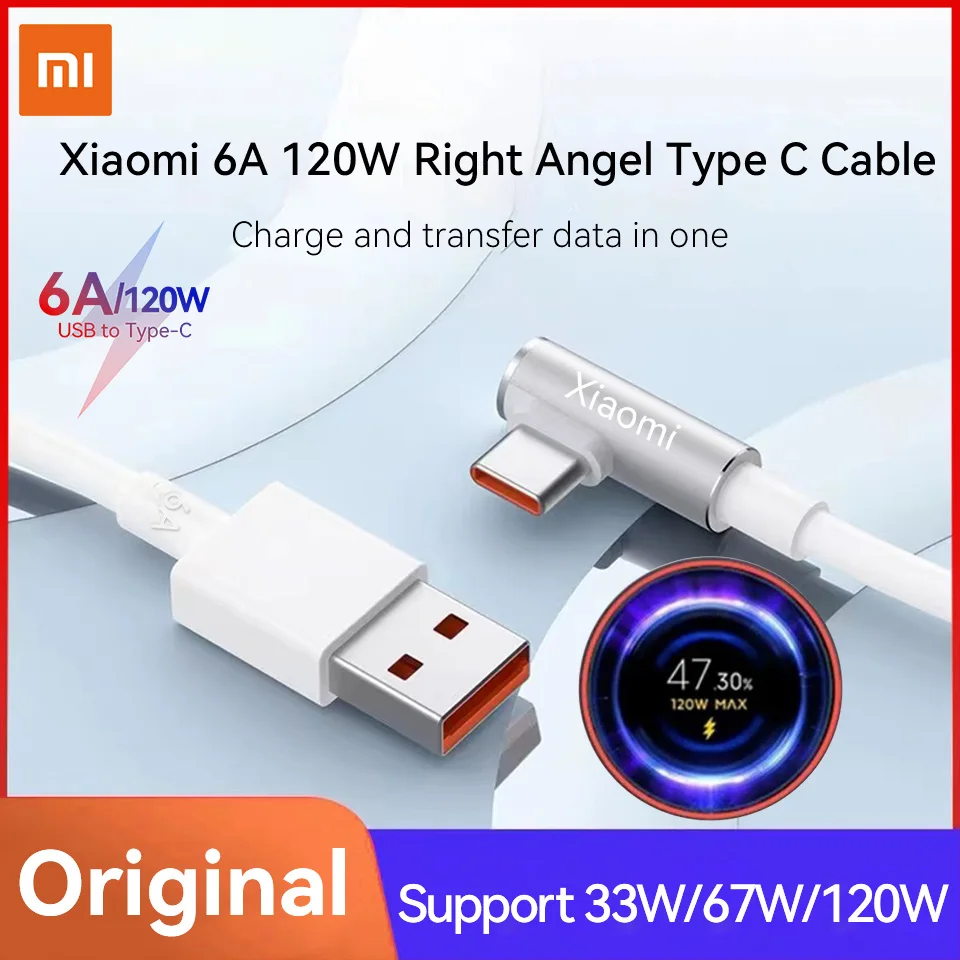 Xiaomi Cable cargador Turbo Original, 120w, 6A, codo de 90 grados, carga rápida, Mi 12, 11 ...