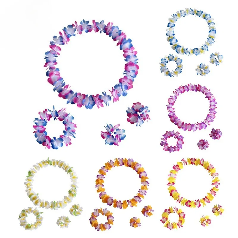 Hawaiian Two-Tone Flower Lei 4-Piece Set Stage Performance Decor with ...