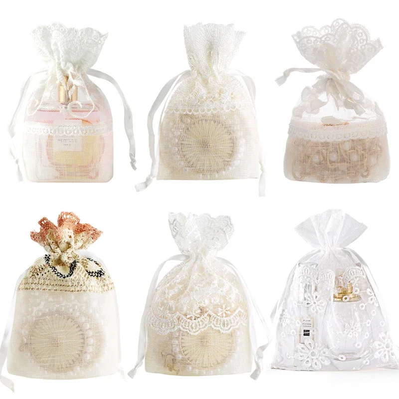 20Pcs Embroidery Lace Gift Bag With Drawstring Jewlery Packaging Pouch ...