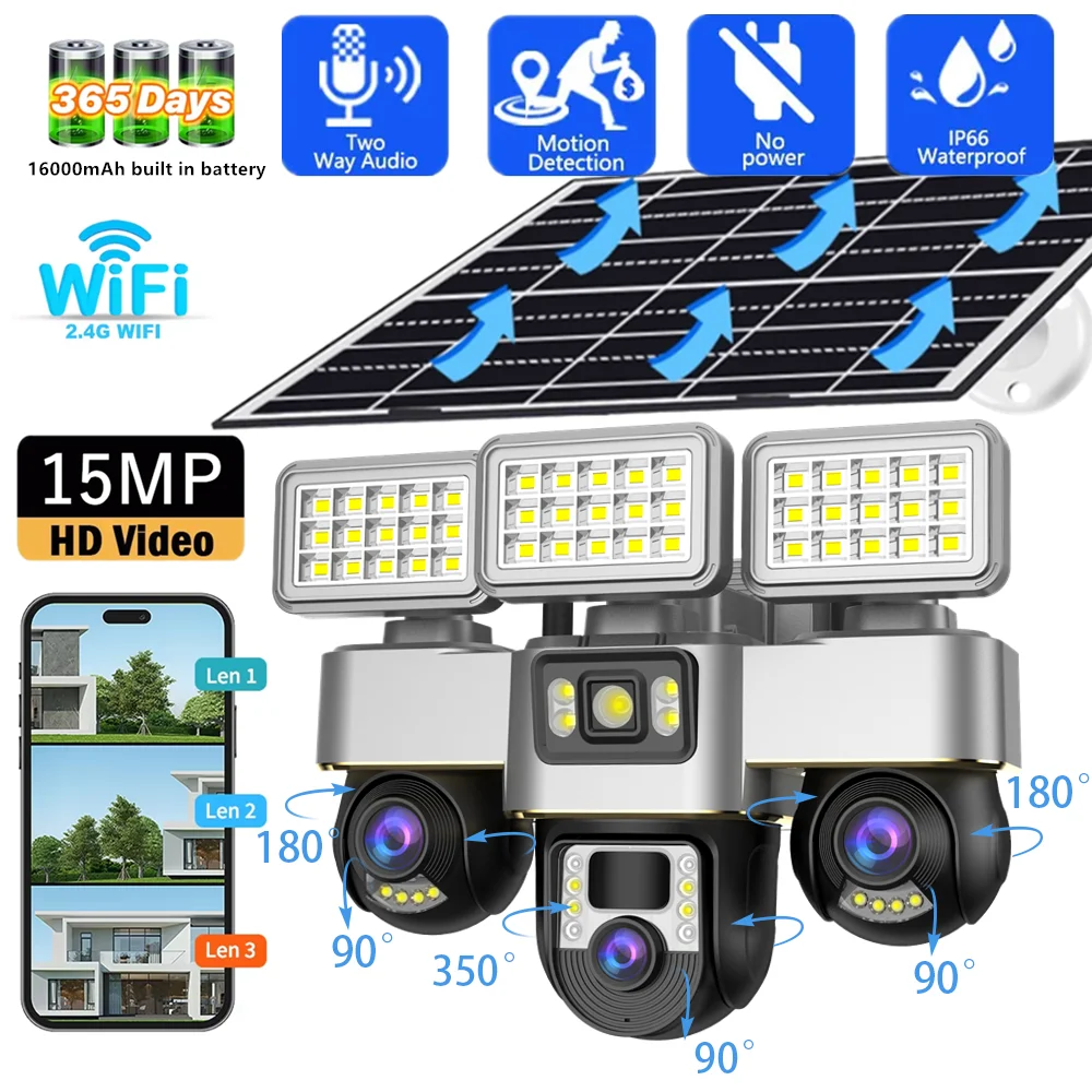 V380 Three Lens Solar Camera Outdoor Surveillance 15MP Wifi Floodlight ...