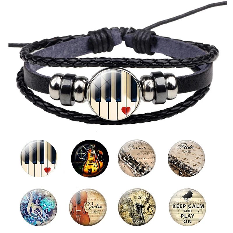 Musical Instrument Piano Guitar Clarinet Flute Music Leather Bangle ...