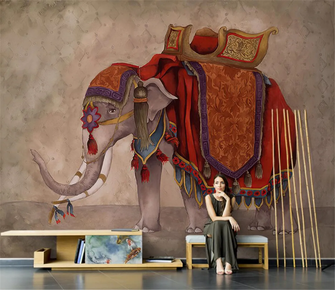 papel-de-parede-Thai-hand-painted-abstract-art-retro-elephant-3d-wallpaper-living-room-TV ...