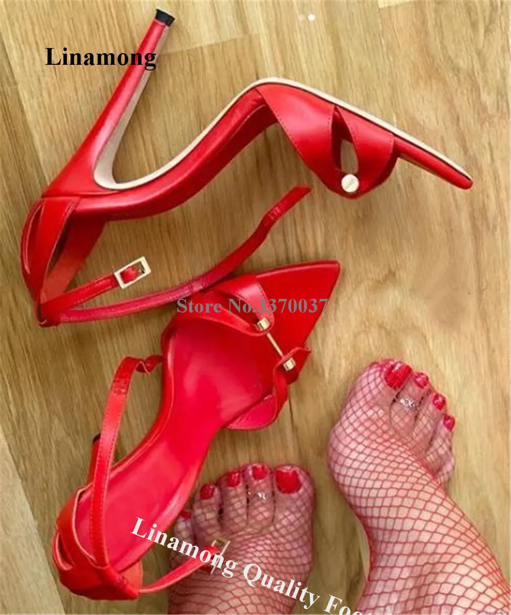 Newest Red Leather Metal Buckle Sandals Linamong Sexy Cut-out Pointed ...