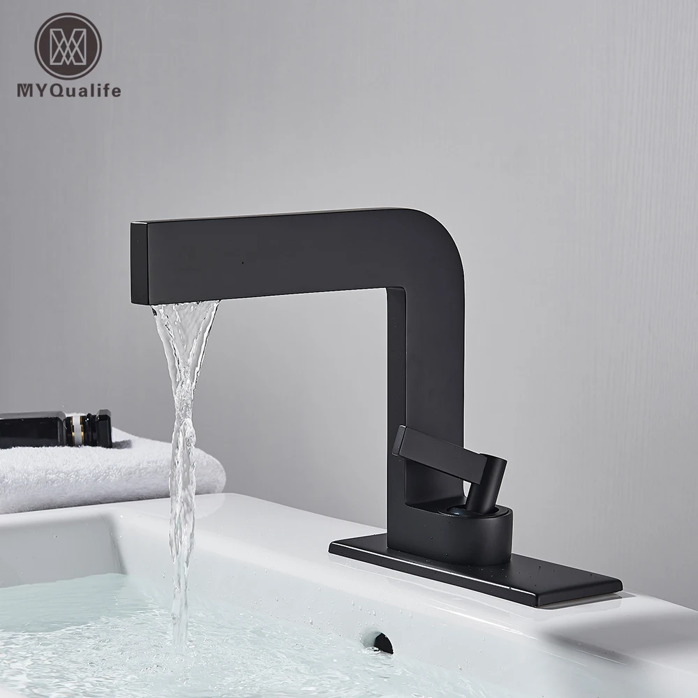 Black Square Waterfall Bathroom Faucet Basin Mixer Tap Wide Spout ...