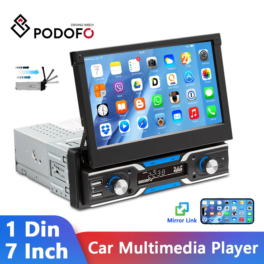 Podofo 1Din Android 10 Rádio Do Carro 7 Polegada Autoradio Retrátil 2 + 32G Mirror Link ...