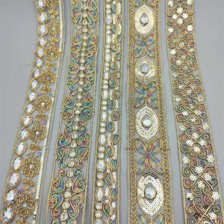 1 Yards Ethnic Gold Thread Sequins African Lace Trims Ribbon DIY Sewing ...