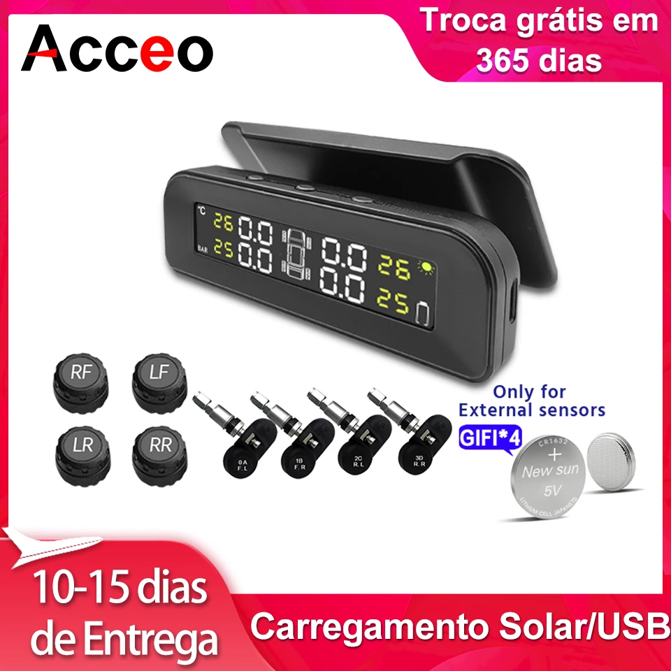 Acceo carro tpms monitoramento de pressão dos pneus energia solar display lcd digital ...