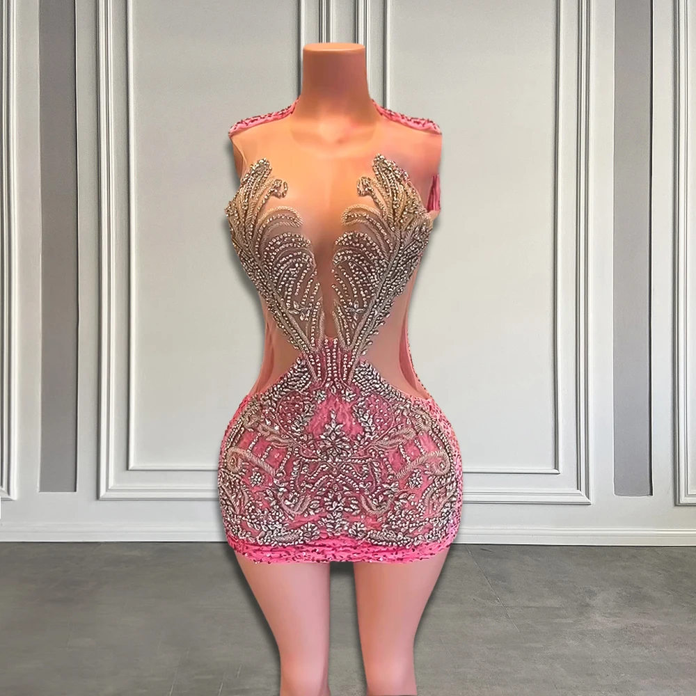 Sparkly-Diamond-Sheer-Scoop-Neck-Women-Birthday-Party-Formal-Gowns-Pink-Sequin-Black-Girls-Short ...