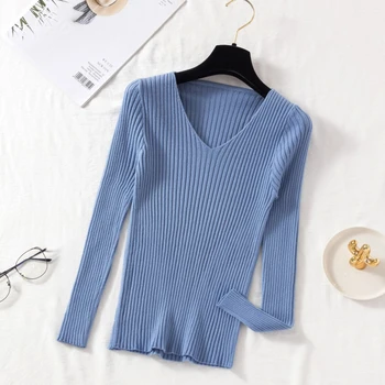 Autumn Winter Women Sweaters Casual Long Sleeve Knitted V Neck Pullover ...