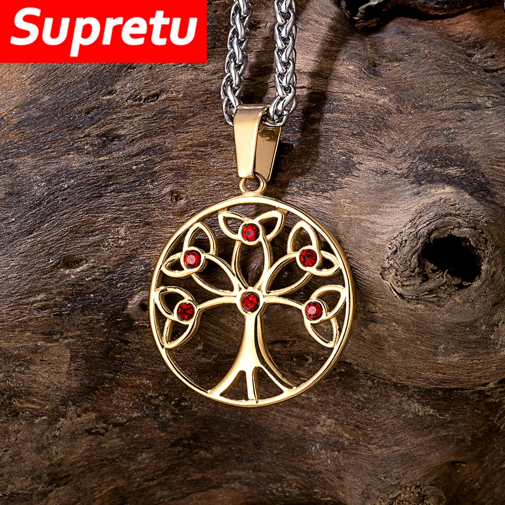 Charm-Tree-of-Life-Necklaces-Men-Women-Red-Zircon-Pendant-Gold-Color ...