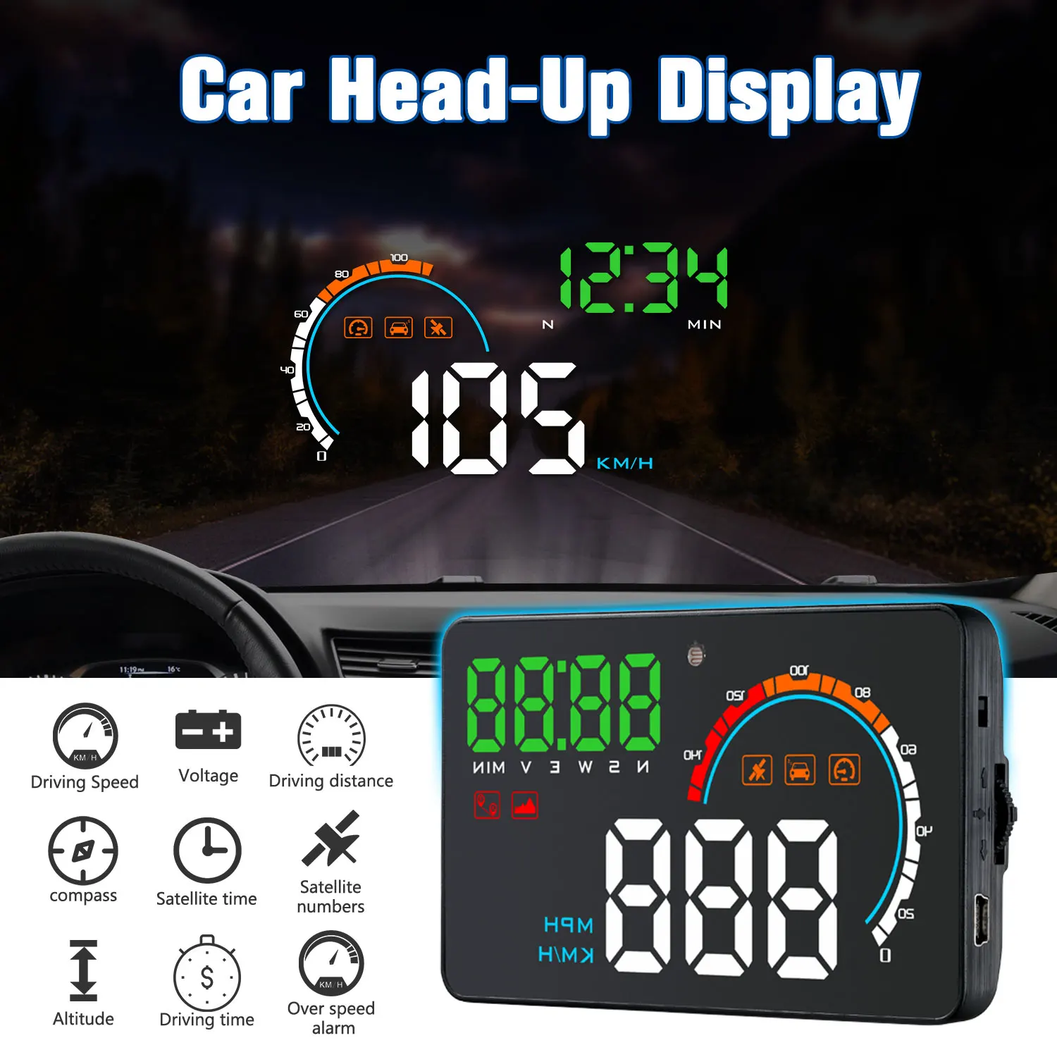 WYING-Q5-GPS-Universal-Car-LED-HUD-Head-Up-Display-MPH-KMH-Speed-Alarm ...