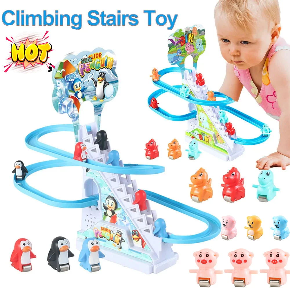 Kids-Electric-Climbing-Stairs-Toy-DIY-Small-Penguin-Dinosaur-Rail ...