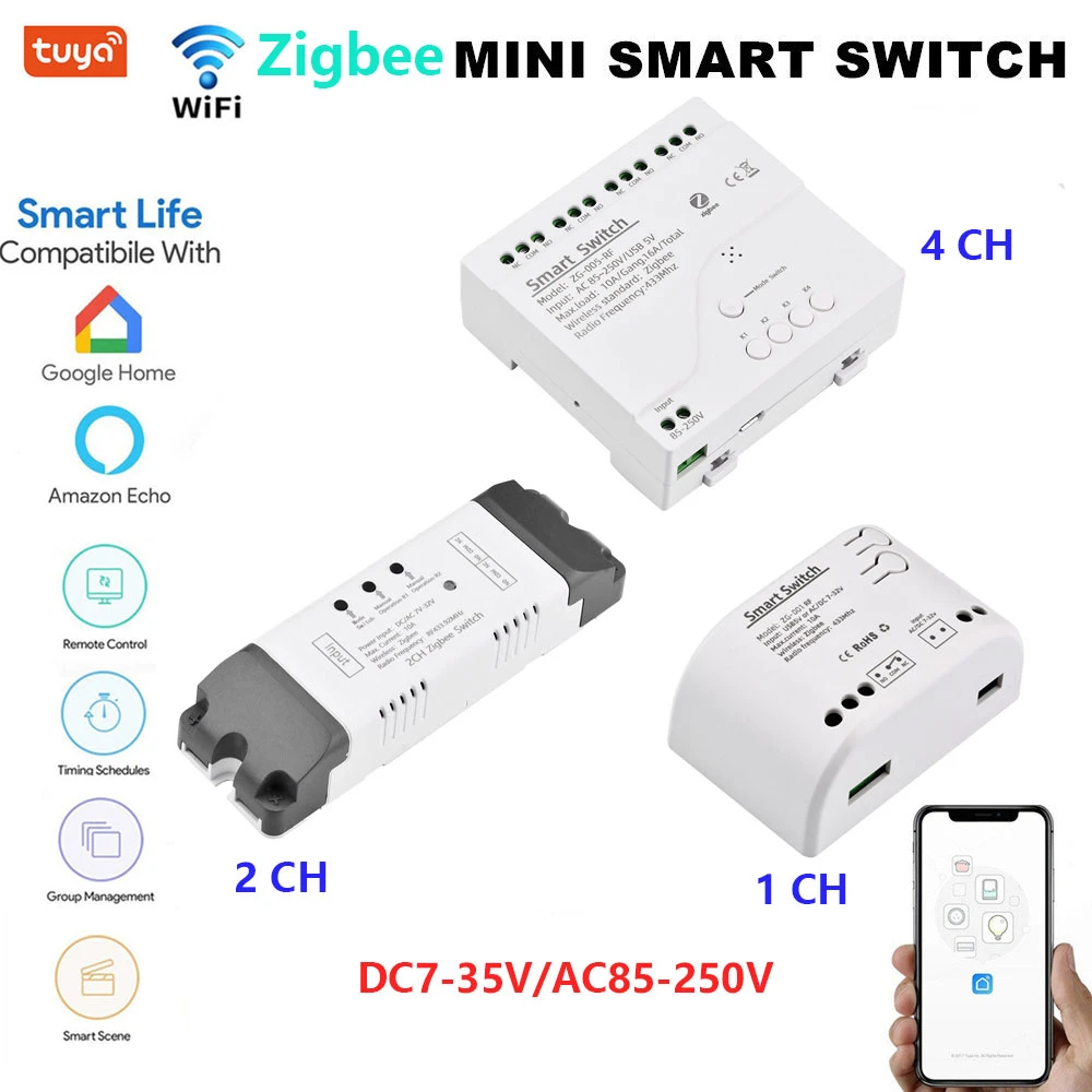 1/2/4ch Dc7-32v/ac85-250v Tuya Zigbee 3.0 Wifi Smart Light Switch Relay ...