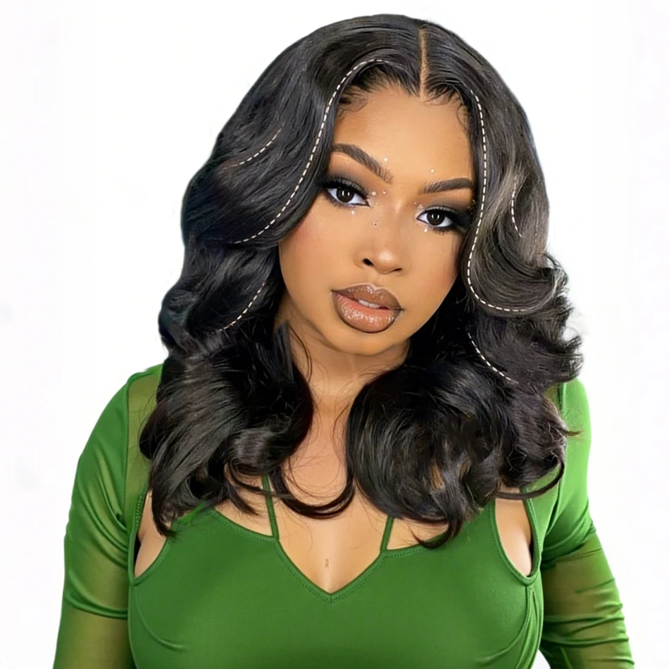 250 Density Layered Body Wave Human Hair Wigs With Curtain Bangs Pre ...