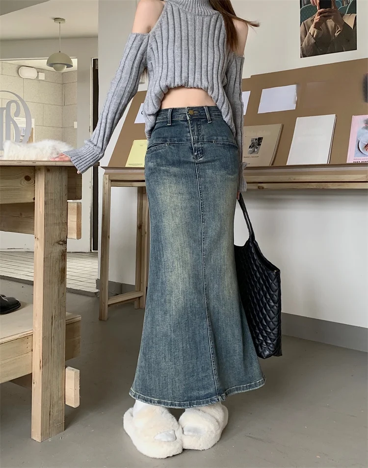 Gyaru 복고풍 스플릿 롱 드레스 하이 웨이스트 스커트 여성용 블루 데님 스커트 슬리밍 피시테일 힙 스커트 하프 스커트