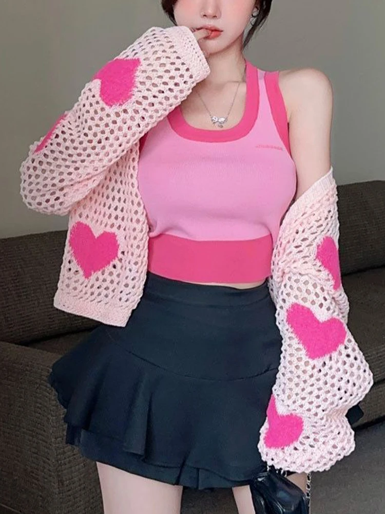 Pink-Heart-Embroidery-Cardigan-Women-Korean-Fashion-Hollow-Out-Knitted ...