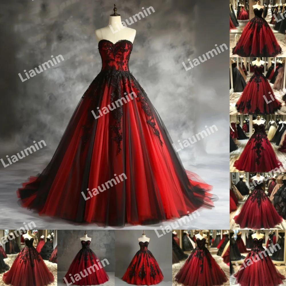Red-Tulle-Black-Lace-Applique-Strapless-Ball-Gown-Full-Length-Prom-Formal-Occasion-Dresses ...