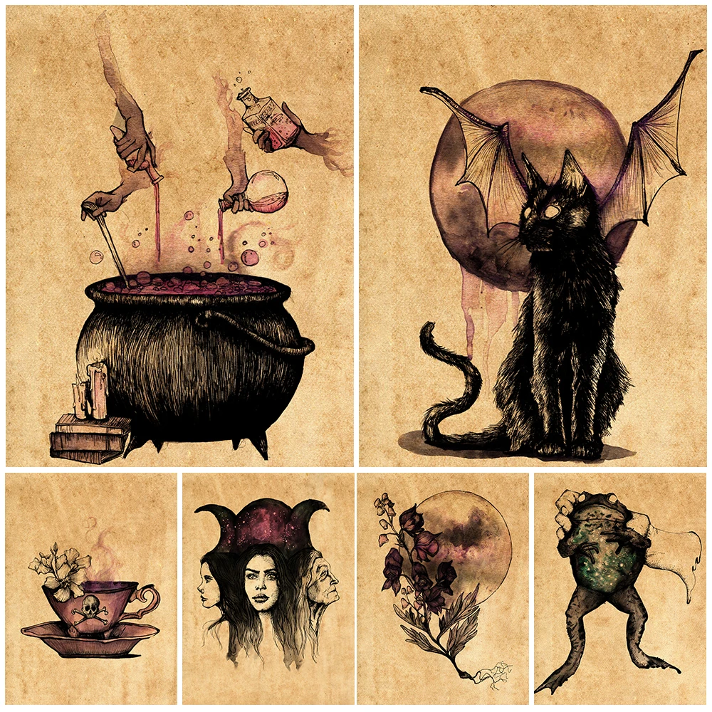 Poison-Tea-Of-The-Witch-Vintage-Wall-Art-Canvas-Painting-Bat-Cat-And ...