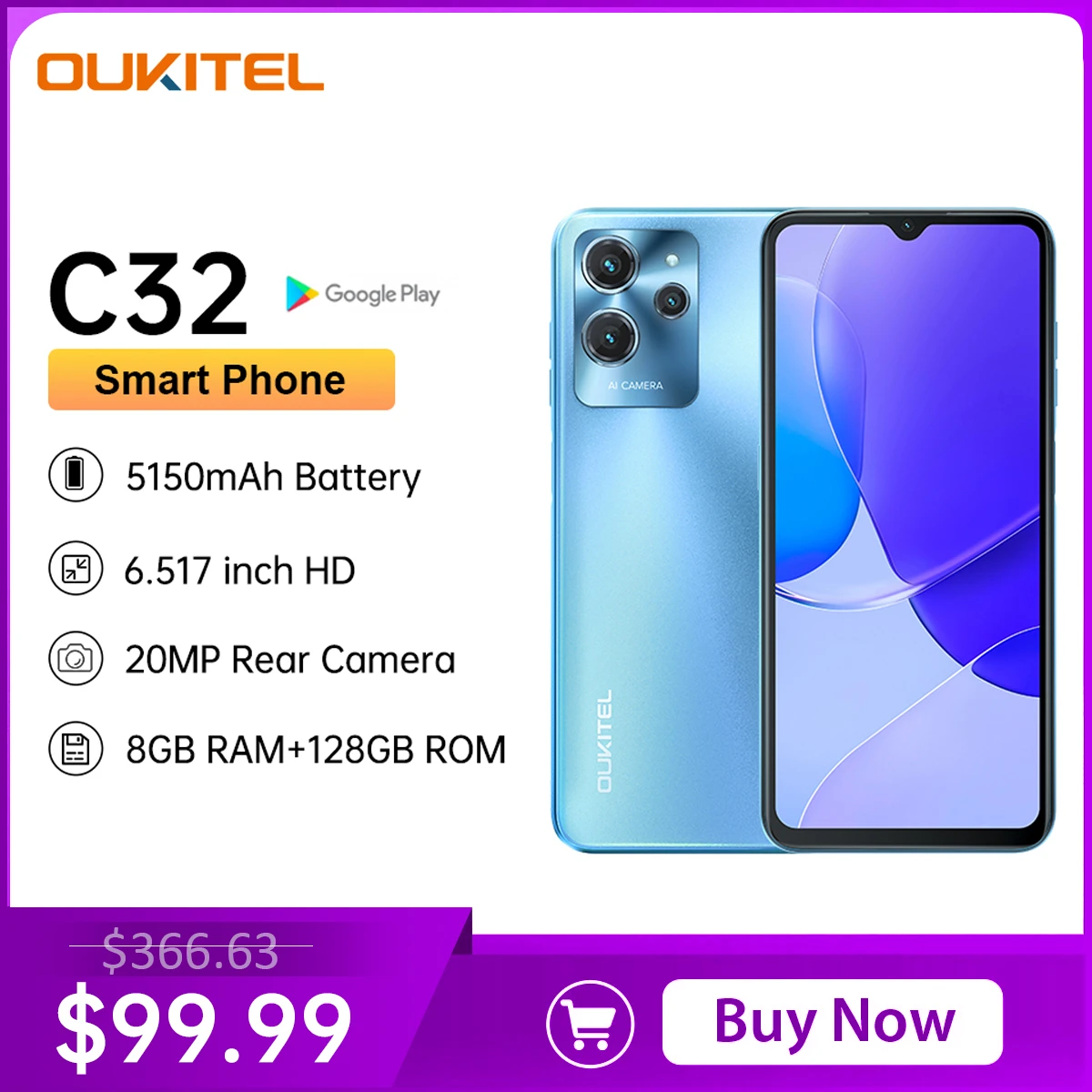 Oukitel 4G C32 Smartphone 6.517" 8GB +128GB 5150mAh Mobile Phone 20MP Camera Cell Phone ...
