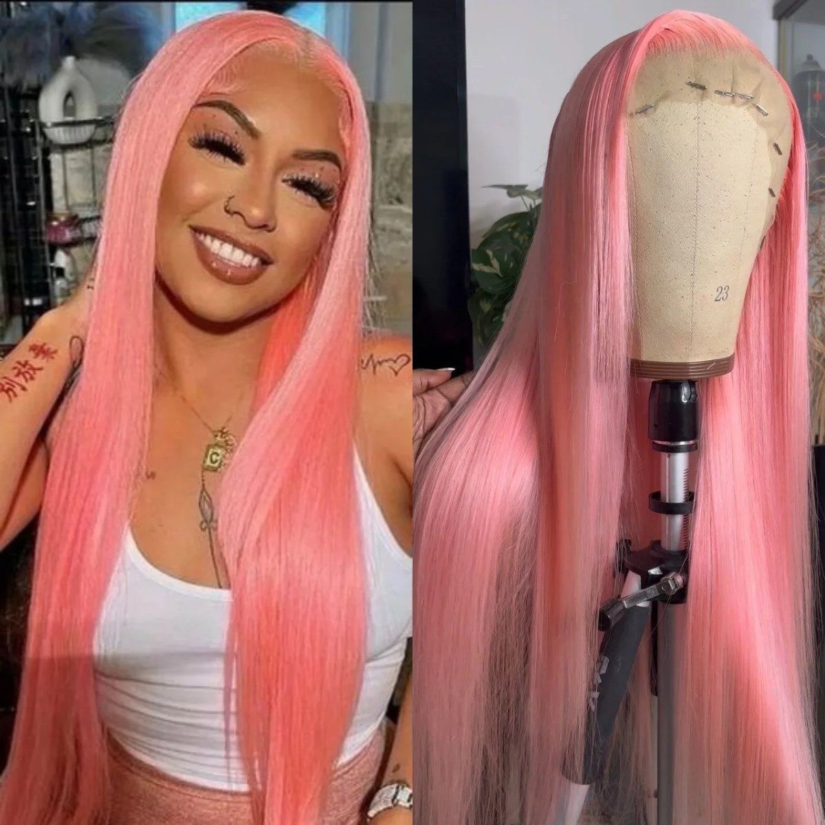 Pink-Straight-Human-Hair-Wigs-Transparent-13x4-Lace-Front-Human-Hair ...
