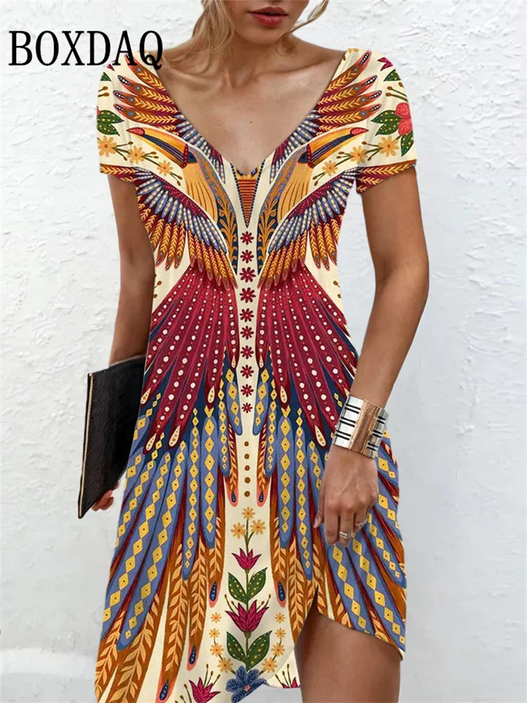 Robe-mi-longue-manches-courtes-et-col-en-V-pour-femmes-impression-3D ...
