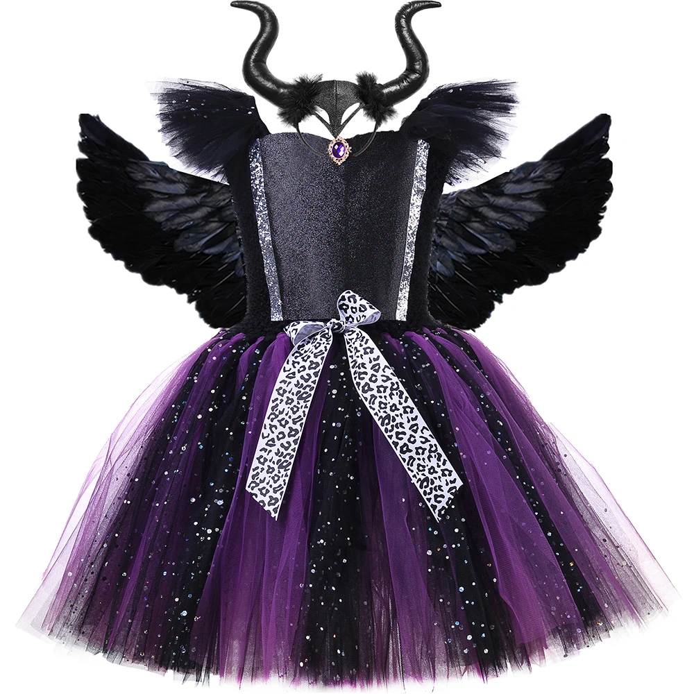 Girls-Evil-Queen-Malefice-Tutu-Dress-with-Horns-Wings-Sparkly-Girl ...