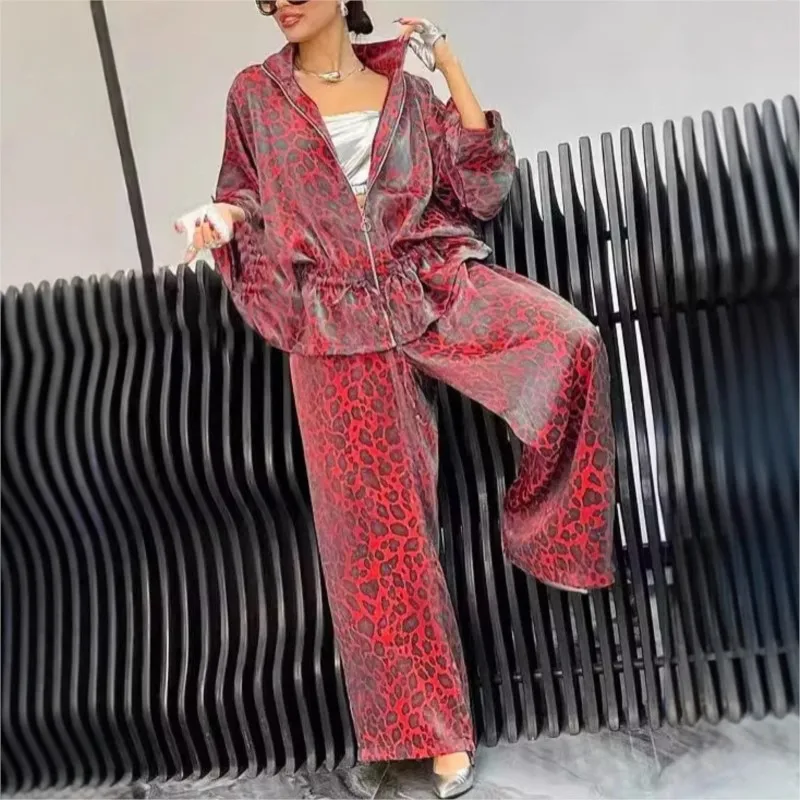 Spring Autumn Fashion Leopard Print 2 Piece Sets Women Fall Lapel ...