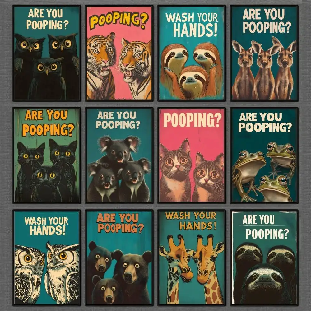 Humorous Bathroom Poster Vintage Quirky Animal Wall Art with Cat Tiger ...