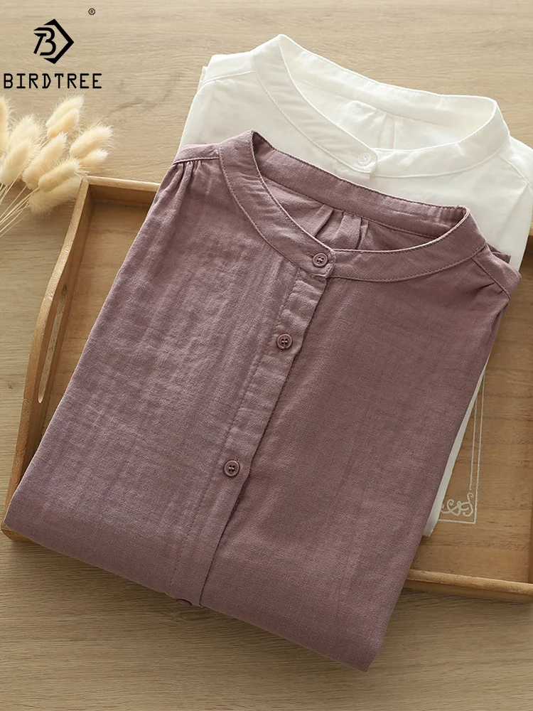 New-Spring-Double-Cotton-Yarn-Shirt-Women-Stand-Neck-Half-Sleeve ...