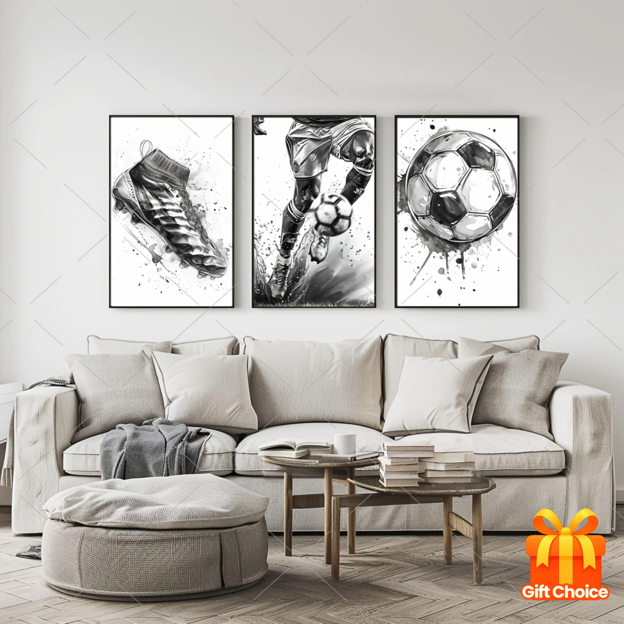 3pcs, Football Theme Black and White Printed Canvas Triptych Oil ...