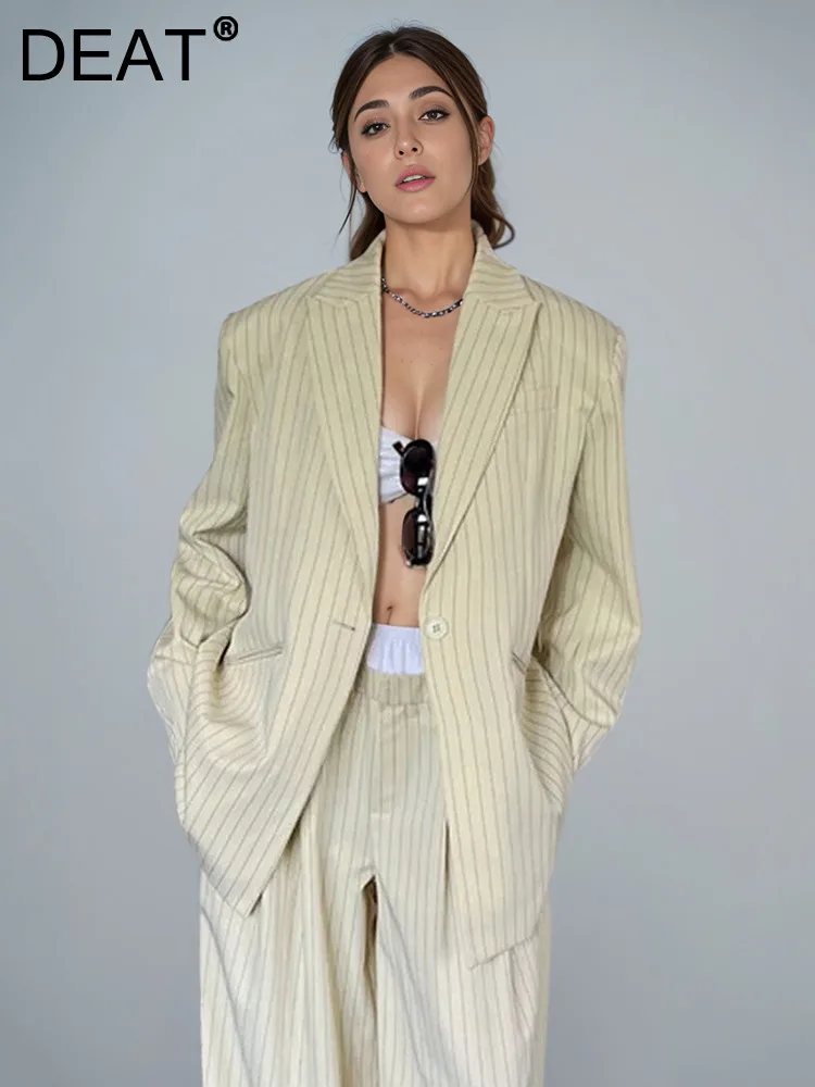DEAT-Fashion-Women-s-Stripe-Blazer-Notched-Single-Button-Loose-Back ...