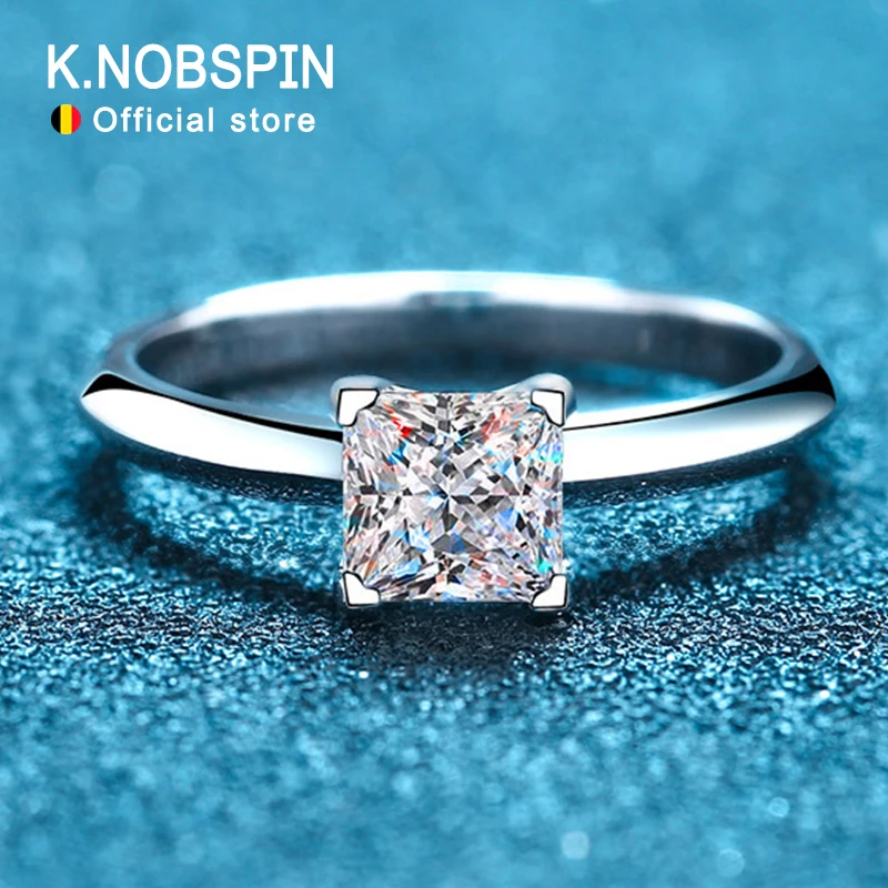 Knobspin Pricess Cut Moissanite Ring 925 Sterling Sliver 1CT 2CT D VVS1 Lab Diamond with GRA ...